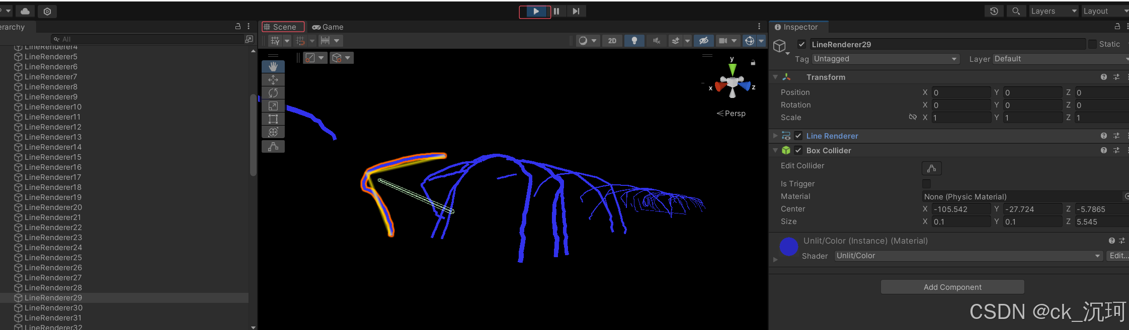 为LineRenderer加上MeshCollider，与XR Simple Interactable交互，射线指向某条线，就显示这条线信息，以及射线穿透 ...