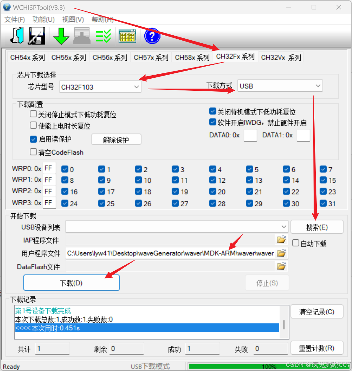 芯恒CH32F103C8T6点亮小灯，用WCHISPTool USB烧录程序-CSDN博客