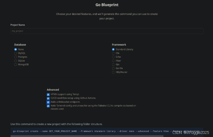 开源Go-blueprint 允许用户使用流行的框架，快速启动一个 Go 项目，简化创建具强大标准化的结构的Go项目过程。不仅简化了项目初始化 ...
