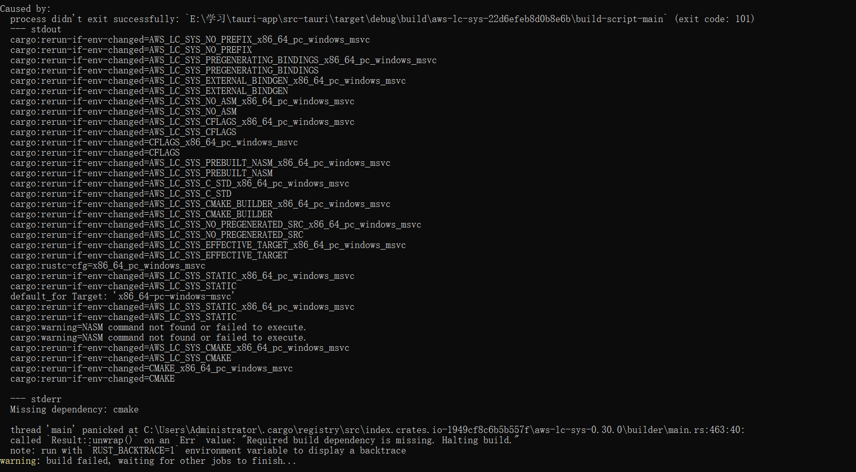Tauri 运行报错，process didn‘t exit successfully: `E:\学习\tauri-app\src-tauri\target\debug\_tauri 浏览器 ...