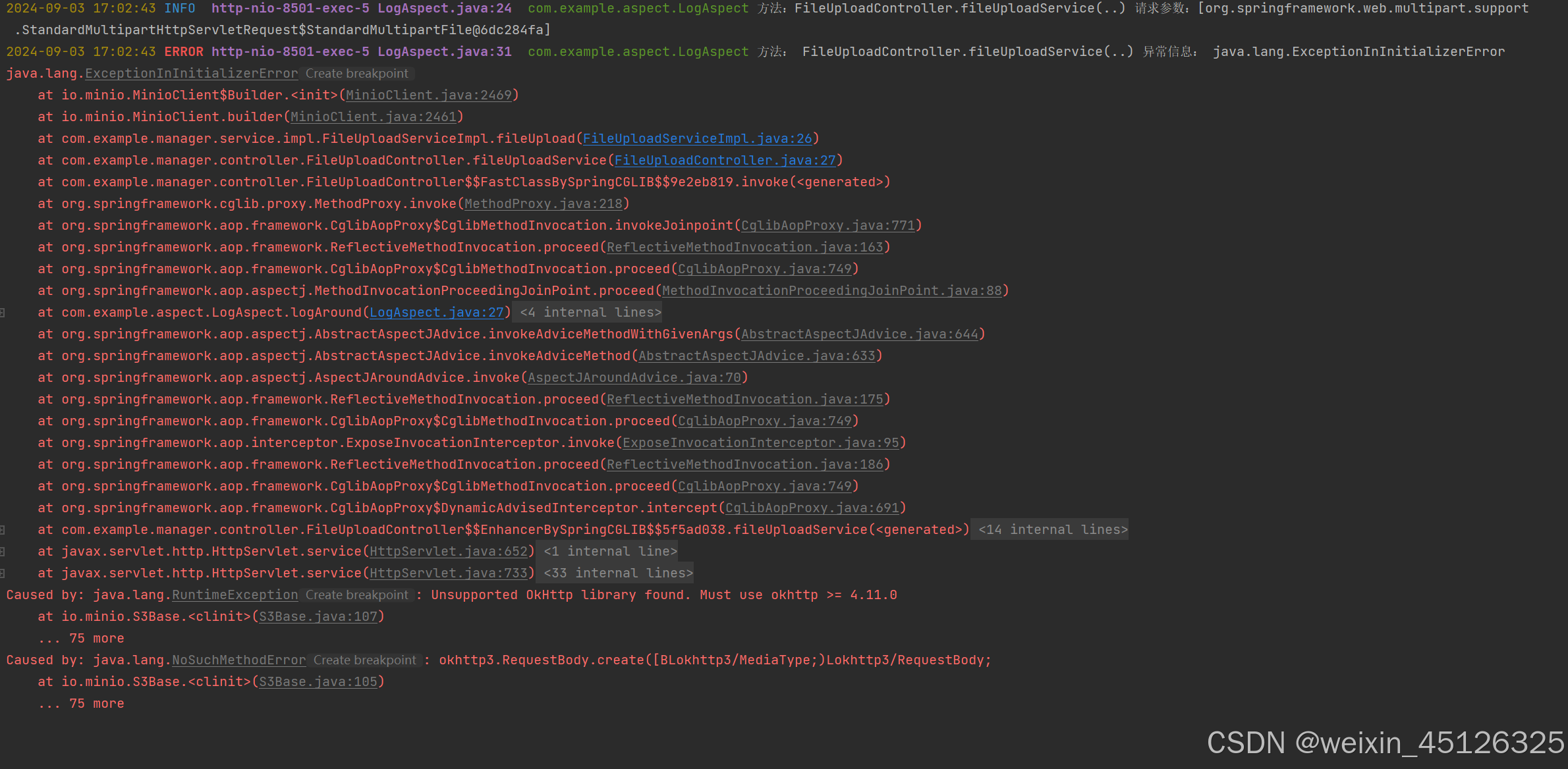 spring集成minio中创建客户端的报错_cannot invoke "io.minio.minioclient.putobject(io.m-CSDN博客