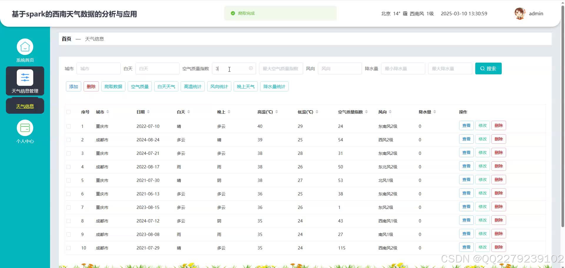 Java springboot基于spark的大数据西南天气数据分析可视化系统（源码+文档+运行视频+讲解视频）-CSDN博客