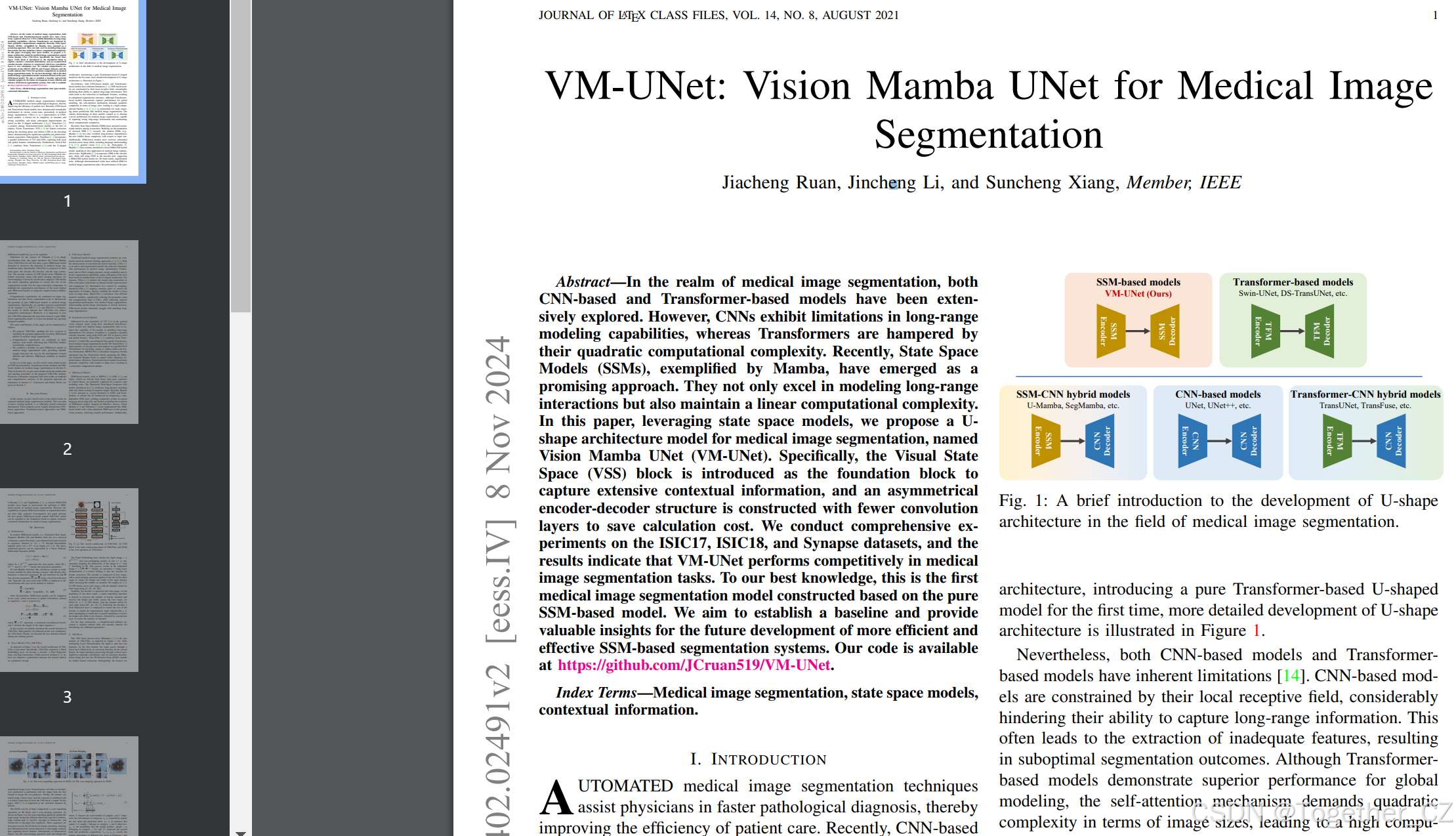 VM-UNet: Vision Mamba UNet for Medical Image Segmentation——用于医学图像分割的视觉Mamba UNet-CSDN博客