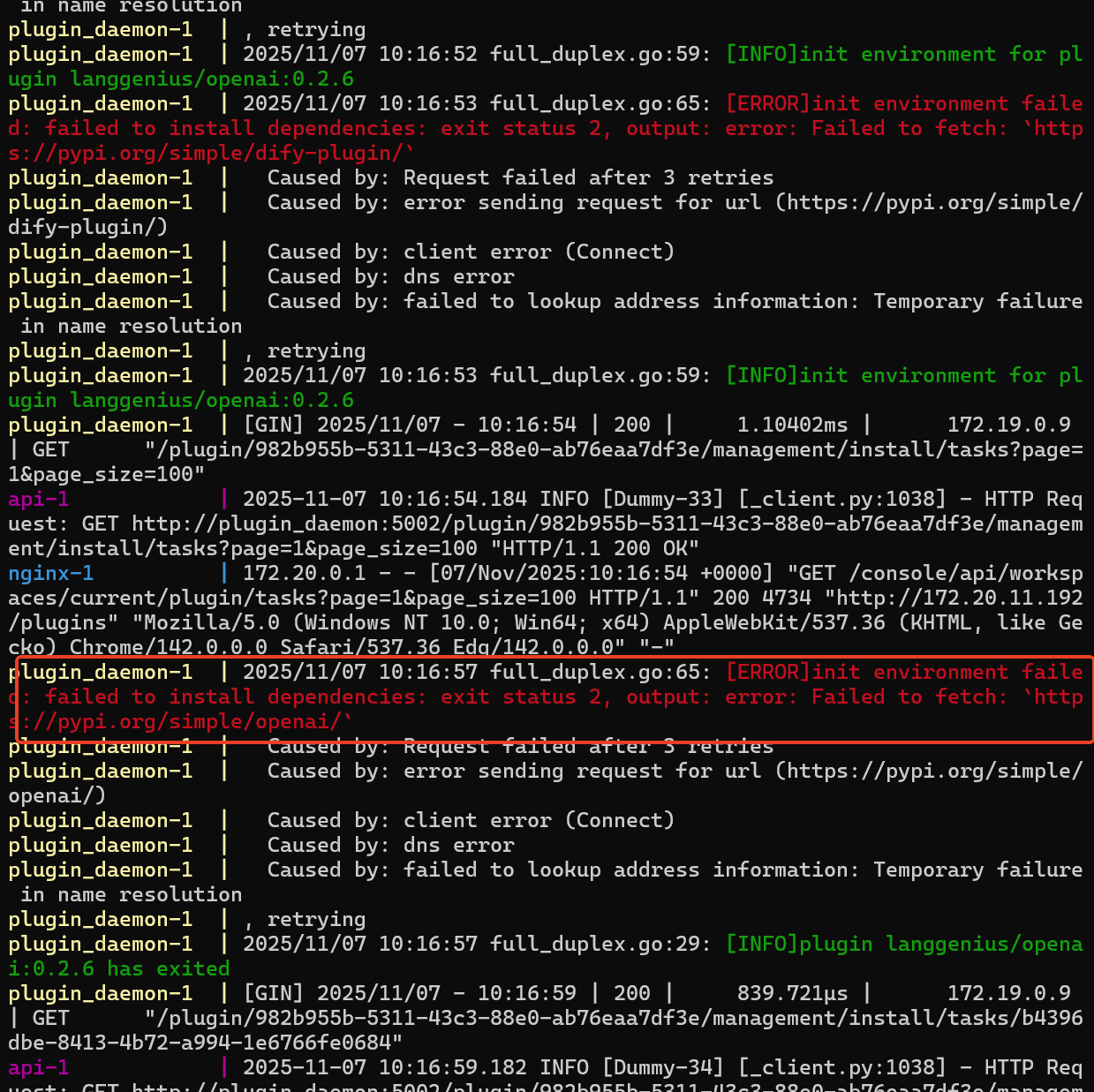 docker部署dify，使用大模型时 安装模型供应商失败 ：init environment for plugin langgenius/openai:0.2.6 解决办法_dify安装模型 ...
