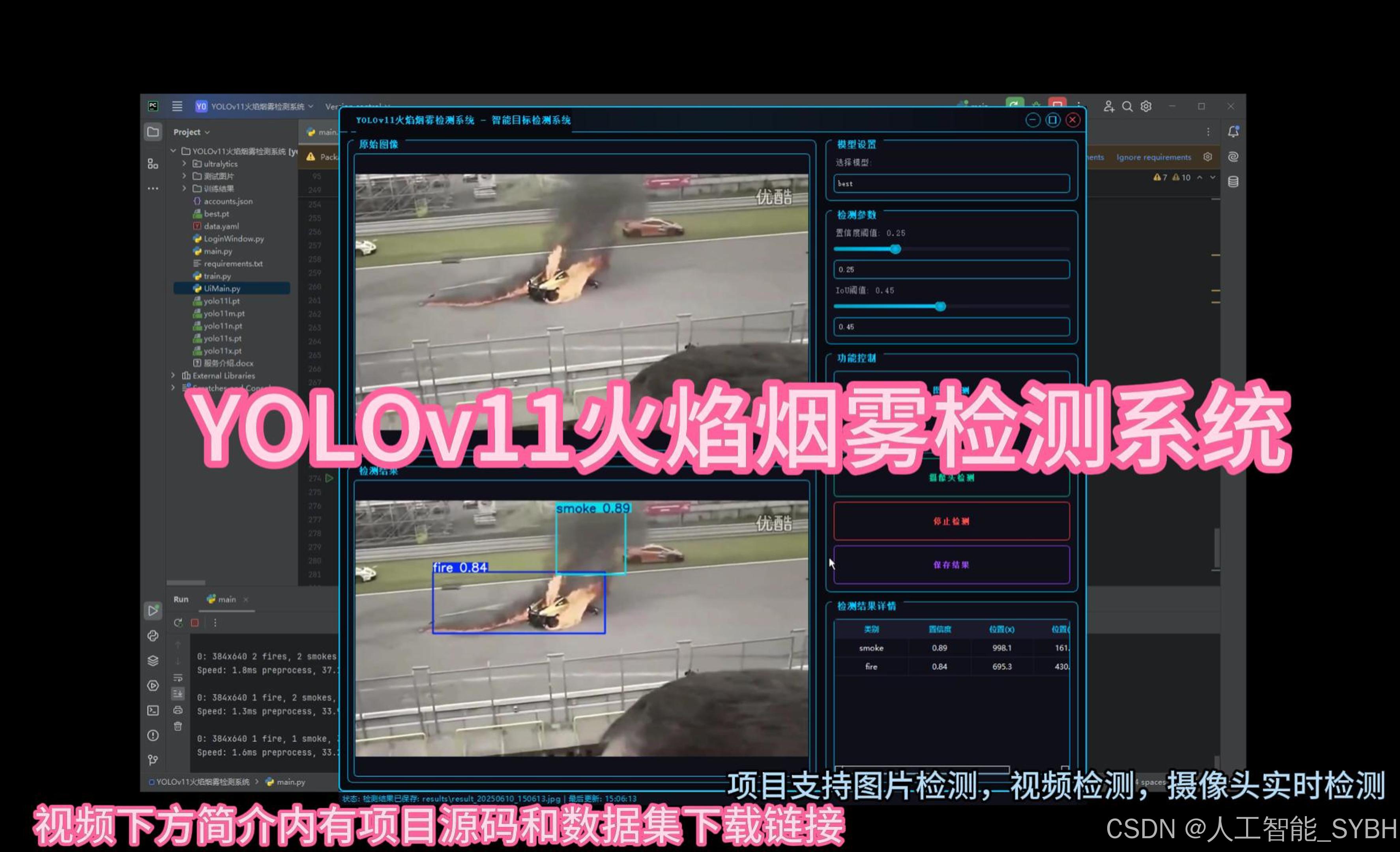基于深度学习YOLOv11的火焰烟雾检测系统（YOLOv11+YOLO数据集+UI界面+登录注册界面+Python项目源码+模型）_# result = self.model( # frame ...