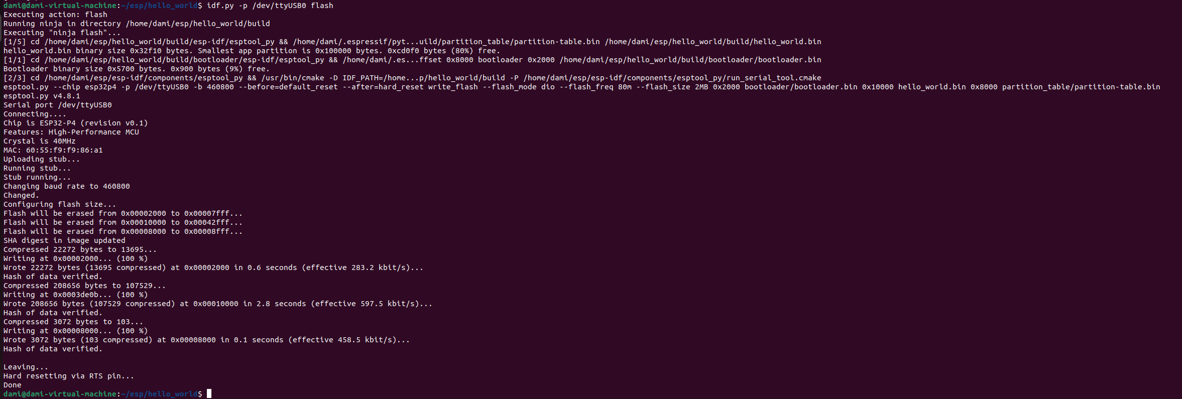在ubuntu系统下烧录程序到EP32-p4，提示CMake Error at run_serial_tool.cmake:67 (message): /home/dami/.espress ...