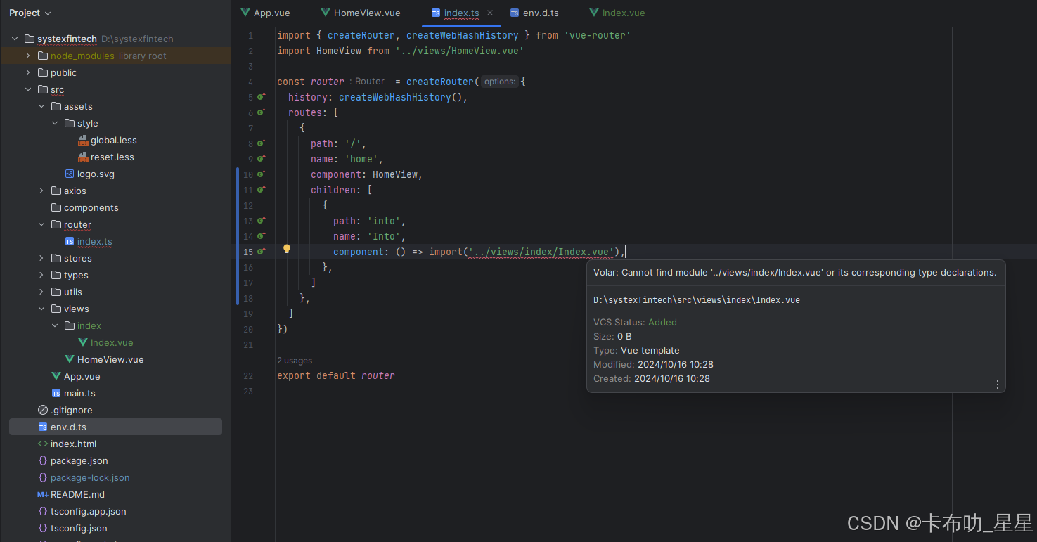 报错：Volar: Cannot find module ‘../views/index/Index.vue‘ or its corresponding type declarations ...