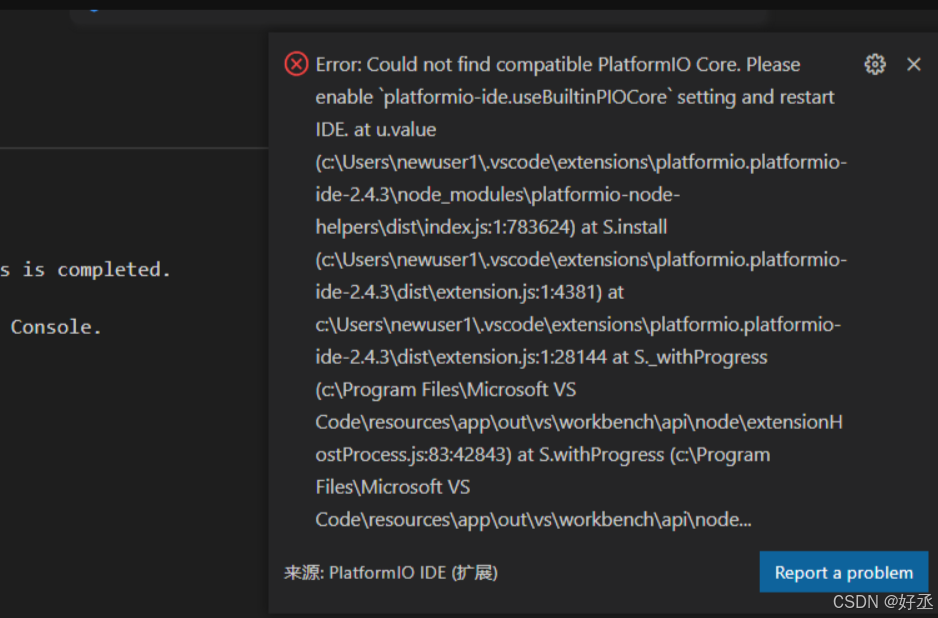 VSCode安装PlatformIO IDE卡在installing PlatformIO Core_installing platformio ide... it may take a ...