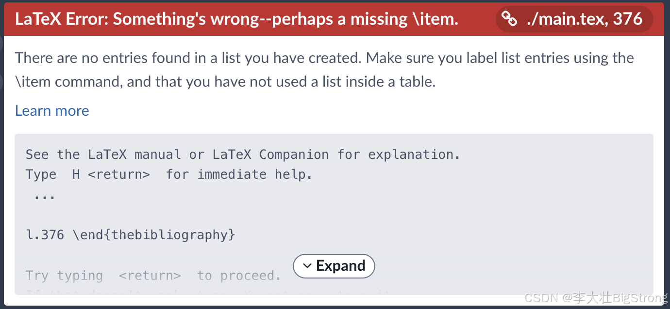 【Overleaf】解决LaTeX Error: Something‘s wrong--perhaps a missing \item._overleaf从别的文件上传bib出错-CSDN博客