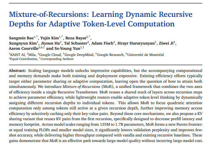Mixture-of-Recursions: Learning Dynamic Recursive Depths for Adaptive Token-Level Computation（每日 ...
