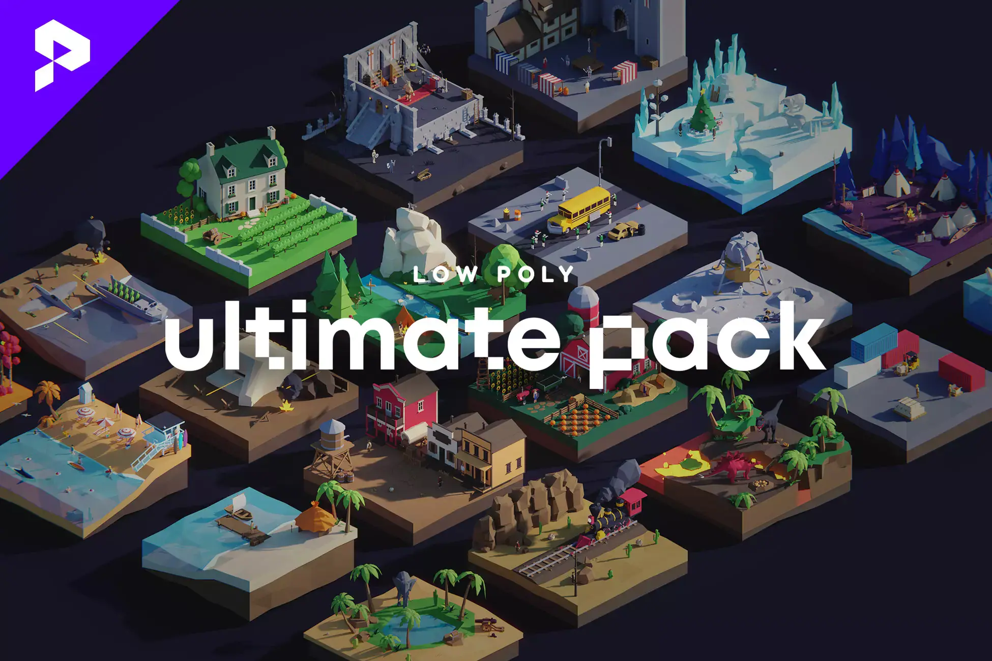 【Unity 低多边形艺术资源包】Low Poly Ultimate Pack 提供了一个全面的低多边形资产库，包括自然环境、建筑、角色和道具 ...