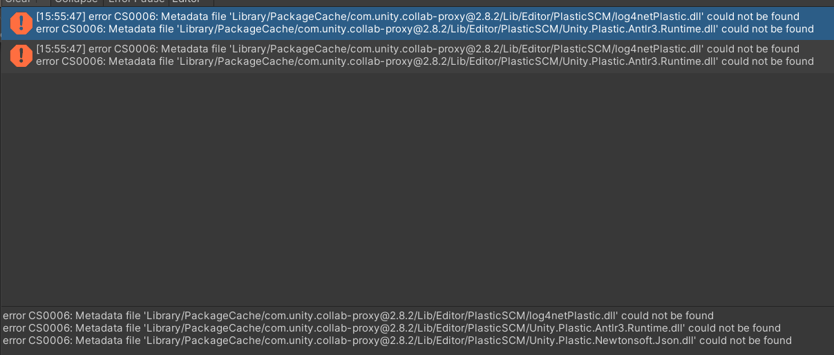 2025.7.16，unity2022.3.20打开报错error CS0006: Metadata file ‘Library/PackageCache/com.unity.collab ...