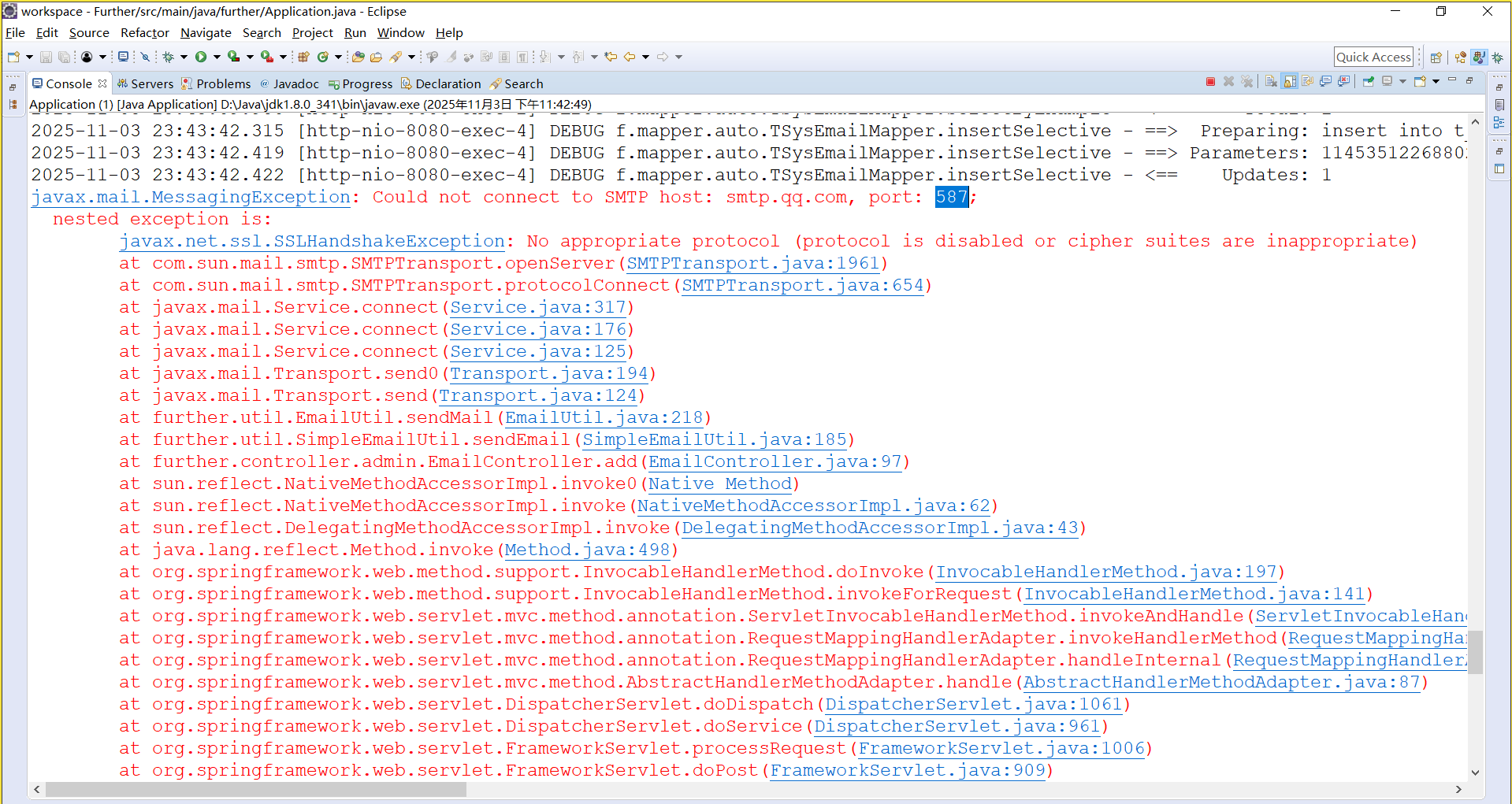 javax.mail.MessagingException: Could not connect to SMTP host: smtp.qq ...