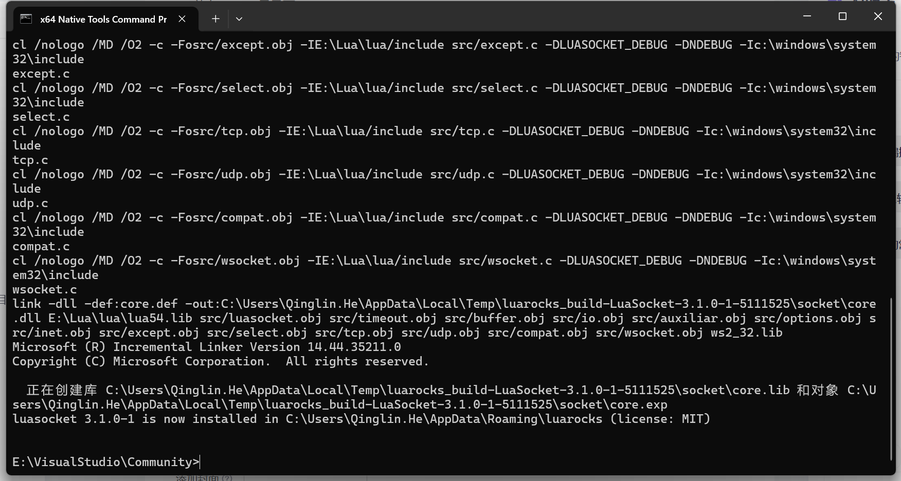 windows luarocks安装luasocket 报错Failed compiling module mime\core.dll_luarocks --local config ...