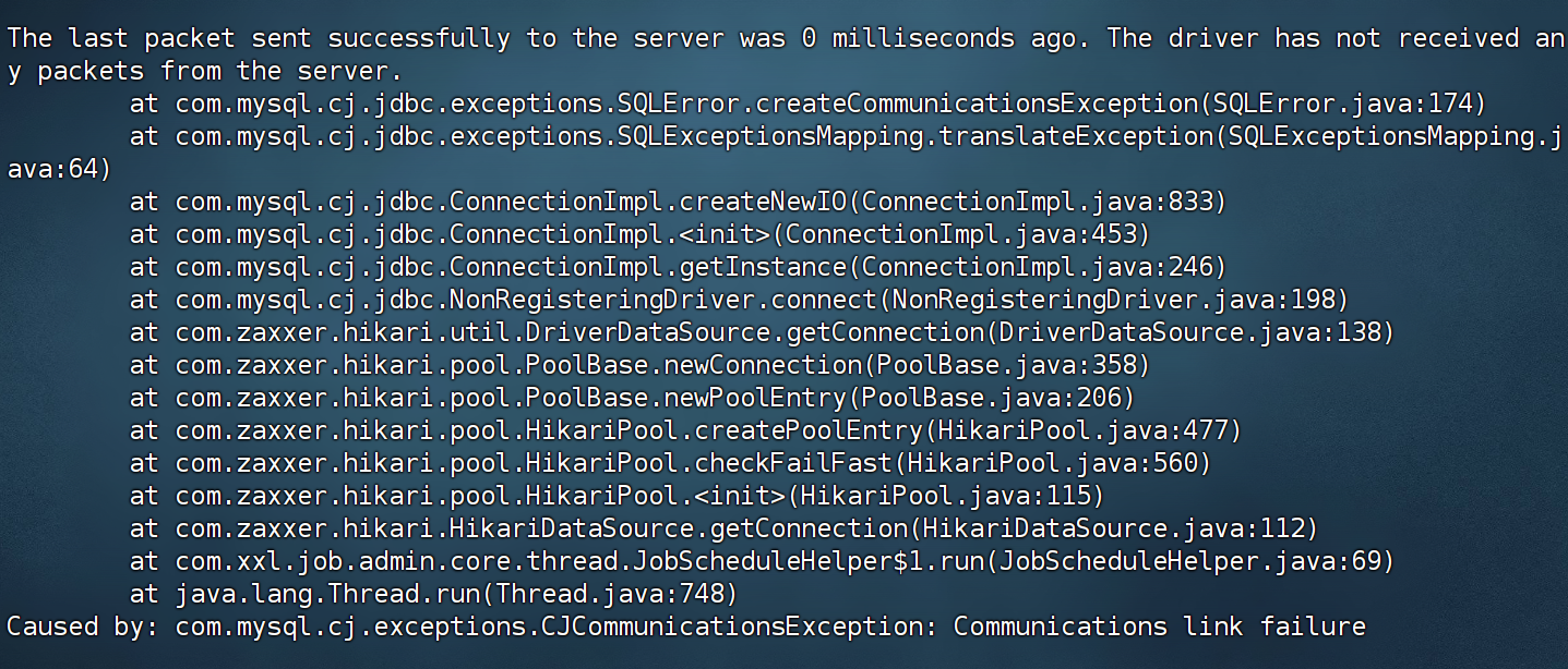 The last packet sent successfully to the server was 0 milliseconds ago. The driver has not ...