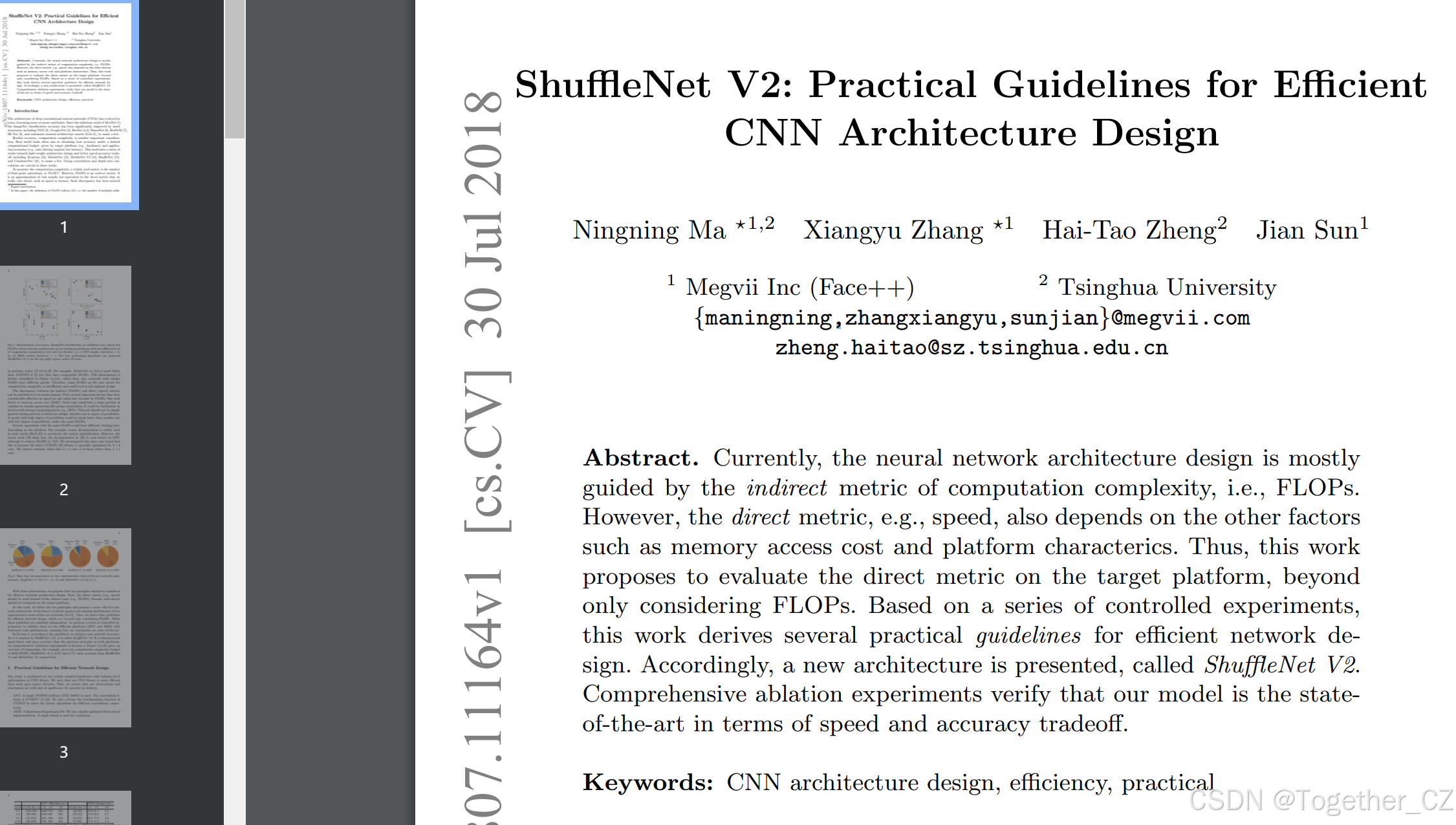ShuffleNet V2: Practical Guidelines for EfficientCNN Architecture Design——高效卷积神经网络架构设计的实用指南 ...