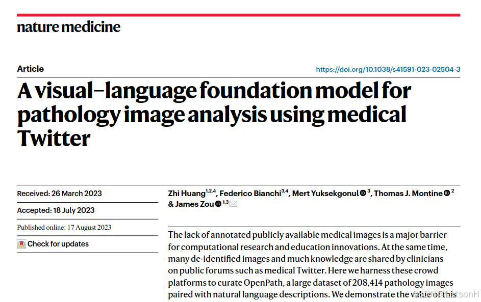 【Nature medicine】A visual–language foundation model for pathology image analysis using medical ...