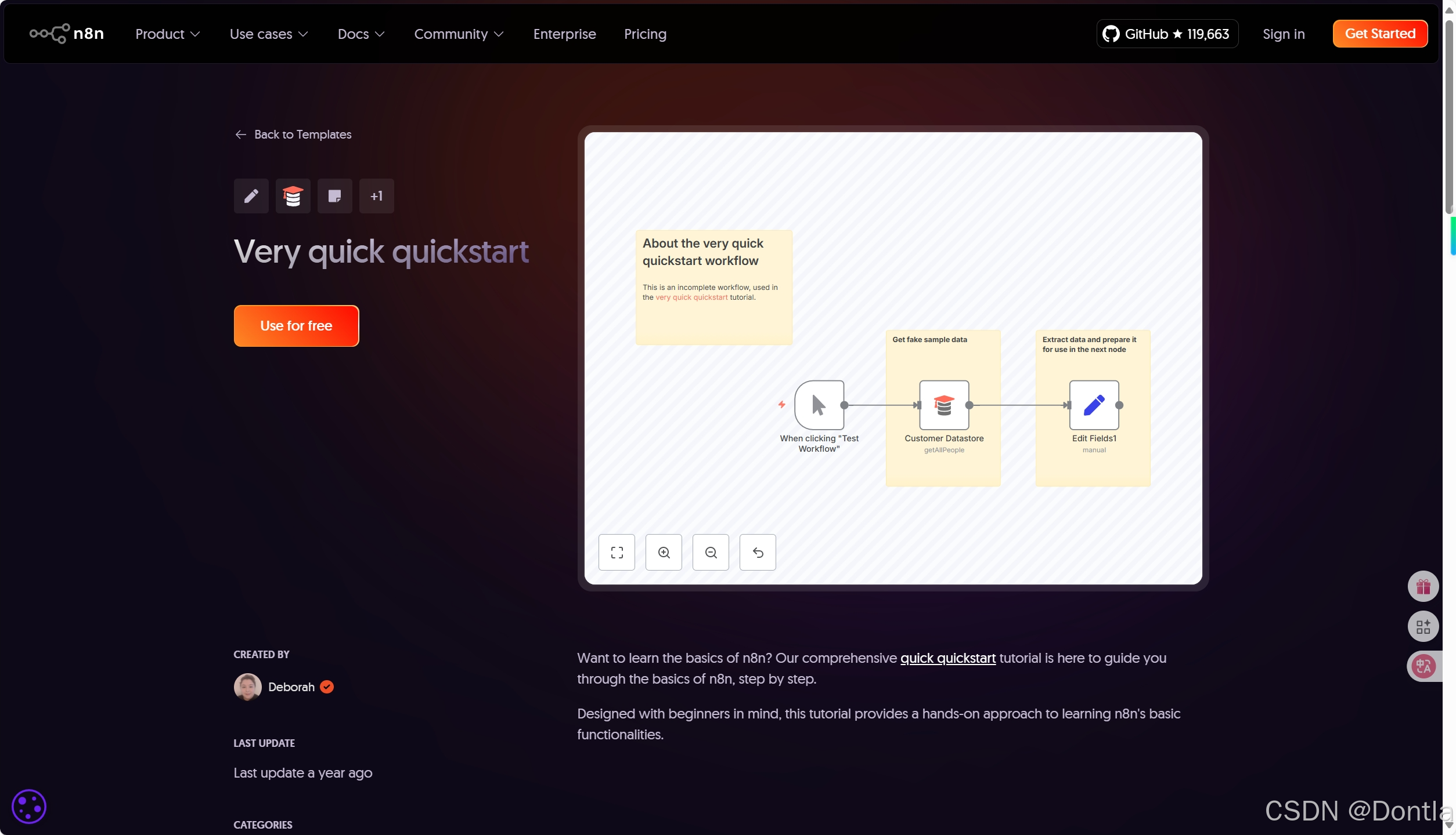 【n8n教程笔记——工作流Workflow】快速开始：1、超快速入门（The very quick quickstart）（生成假数据并删选输出）（n8n模板、n8n表达式）_n8n get ...