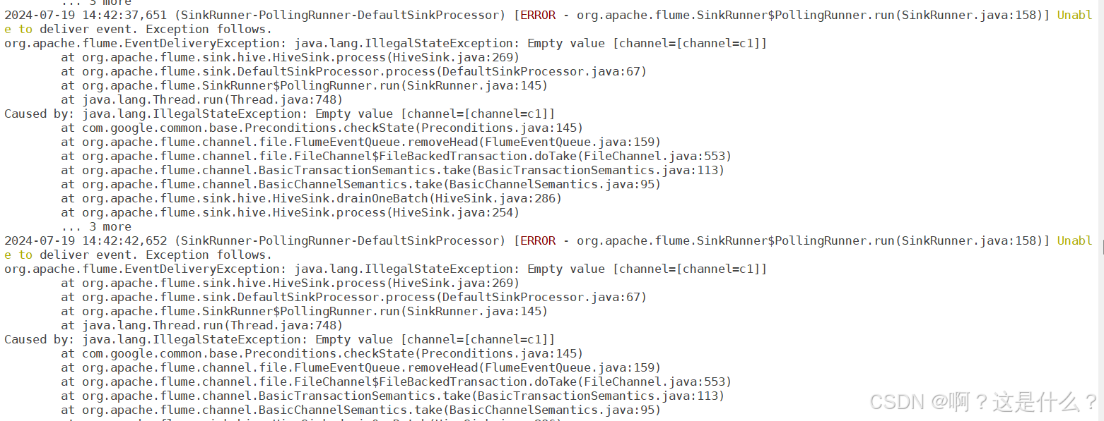 Flume ERROR - org.apache.flume.SinkRunner$PollingRunner.run(SinkRunner.java:158)] Unable to ...