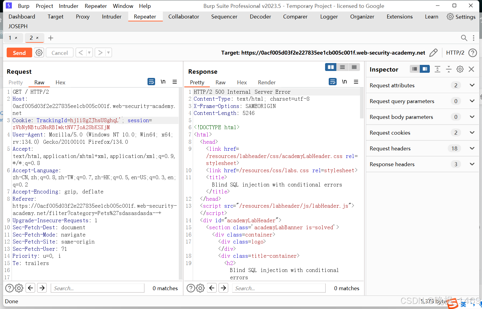 bp靶场---SQL注入第十二关（关于cookie的盲注之报错）_lab: blind sql injection with conditional errors-CSDN博客