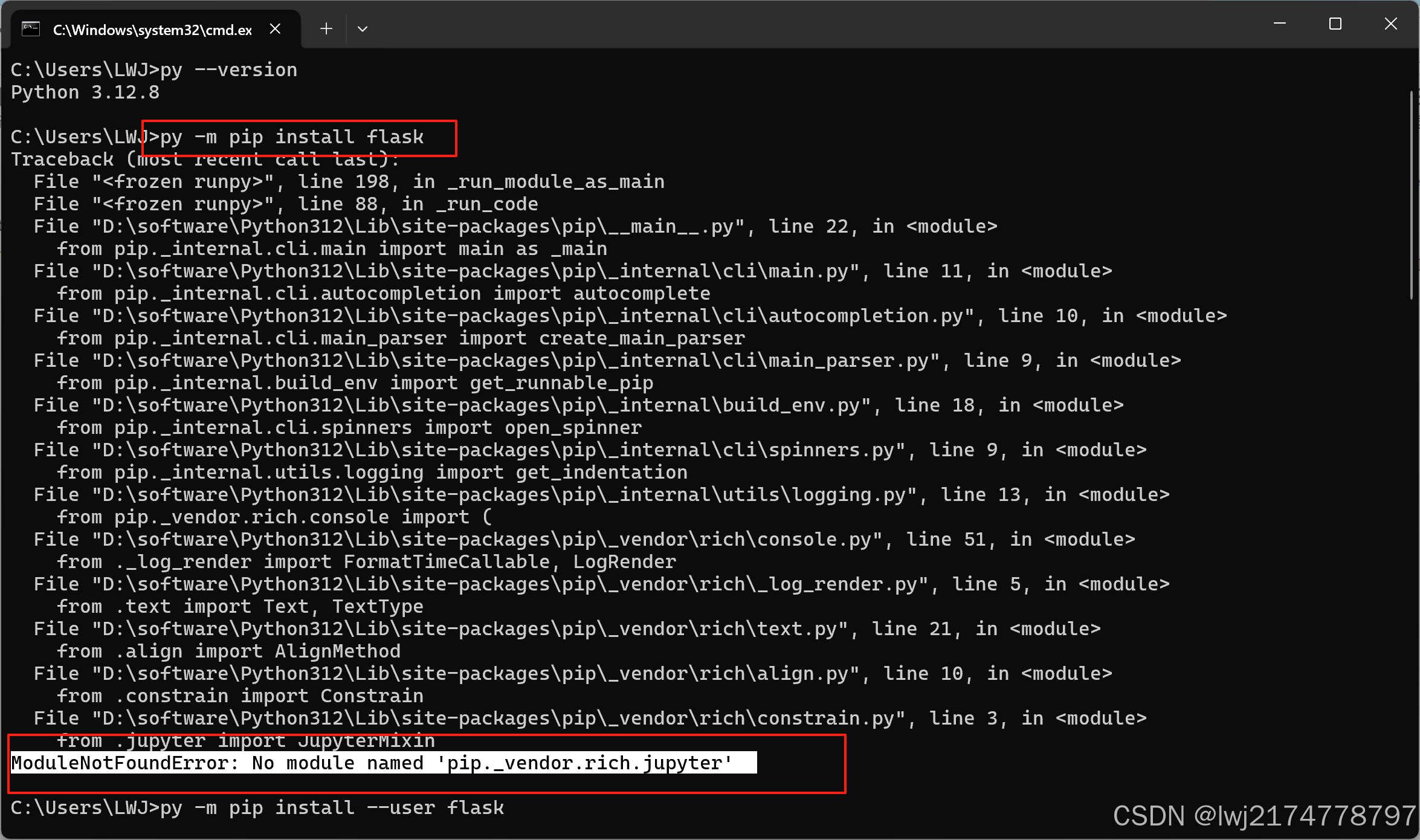 pip安装flask报错ModuleNotFoundError: No module named ‘pip._vendor.rich ...