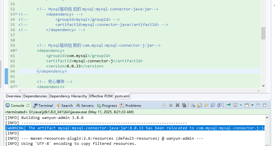 [WARNING] The artifact mysql:mysql-connector-java:jar:8.0.33 has been relocated to com.mysql ...