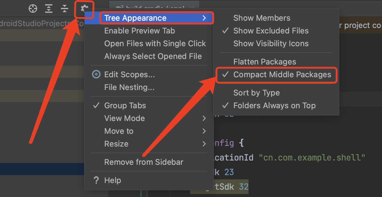 因Android Studio默认包名折叠，导致无法修改项目包名的问题_android studio compact middle packages-CSDN博客