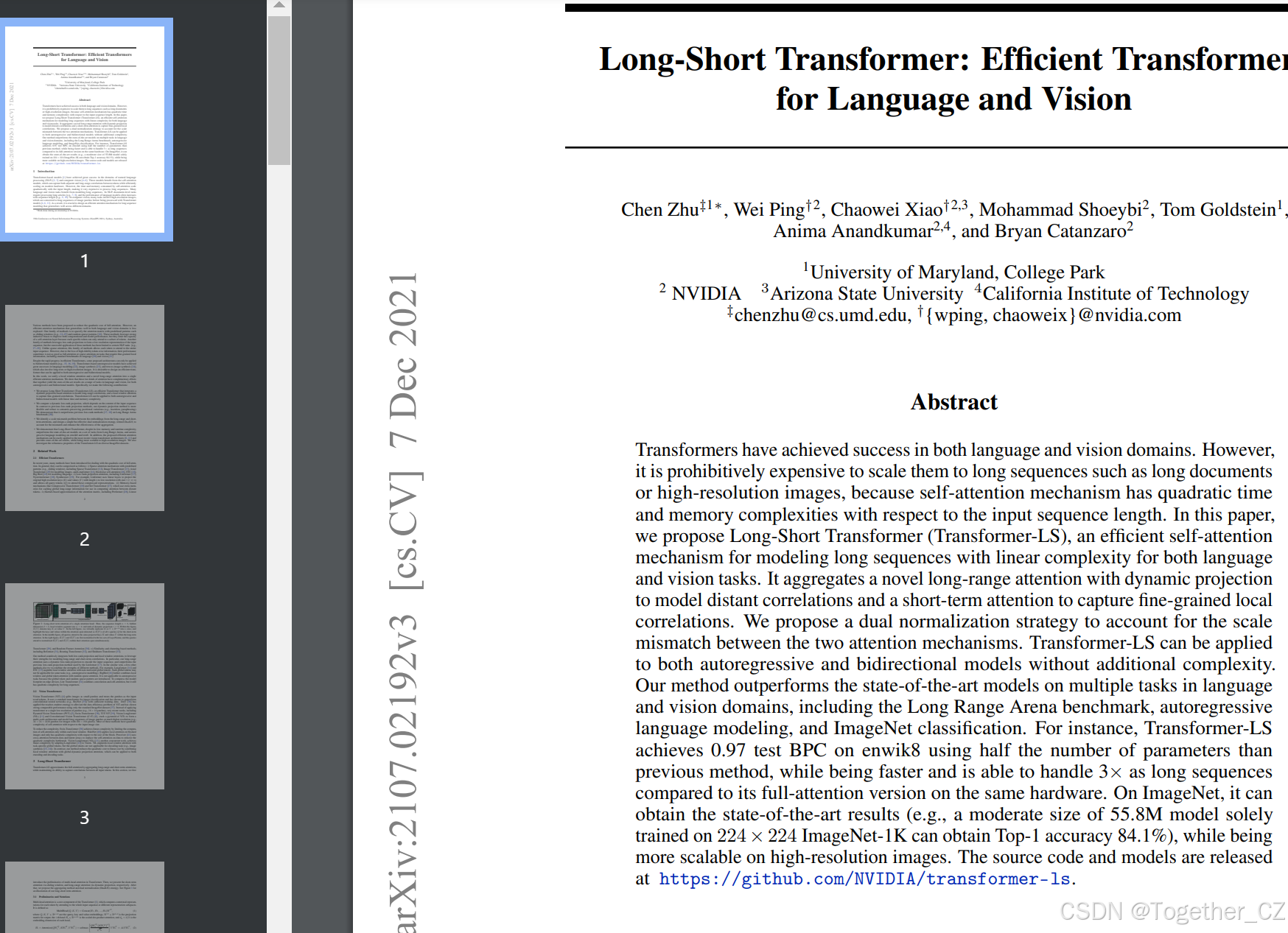 Long-Short Transformer: Efficient Transformersfor Language and Vision——语言和视觉的高效Transformer_long ...
