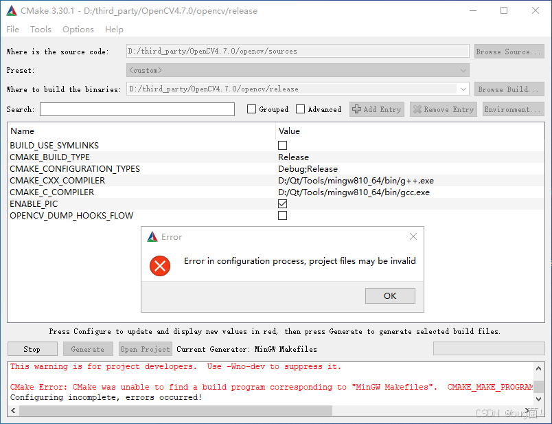 使用CMAKE工具MinGW编译OPENCV报错：CMake Error: CMake was unable to find a build program...如何解决？_[cmake ...
