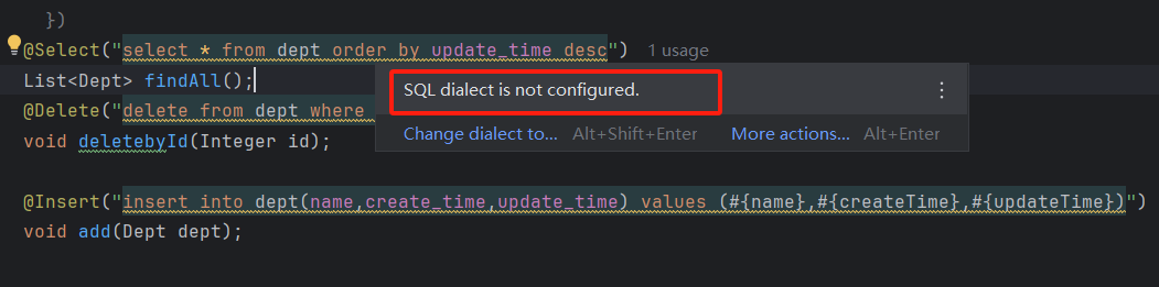 Idea中sql语句黄线提示 SQL dialect is not configured_sql dialect is not configured.-CSDN博客