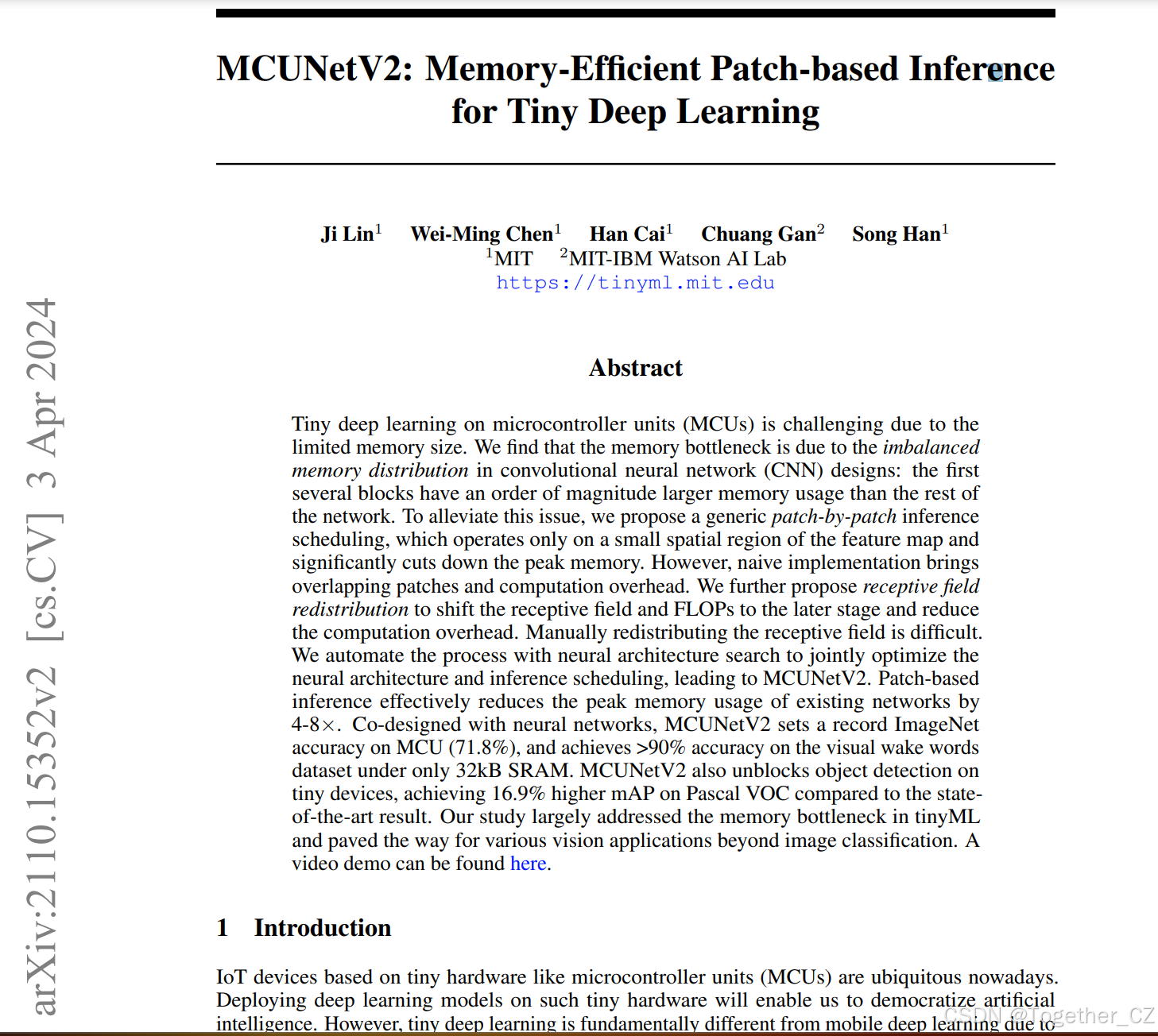 MCUNetV2: Memory-Efficient Patch-based Inferencefor Tiny Deep Learning——面向微型深度学习的内存高效分块推理-CSDN博客