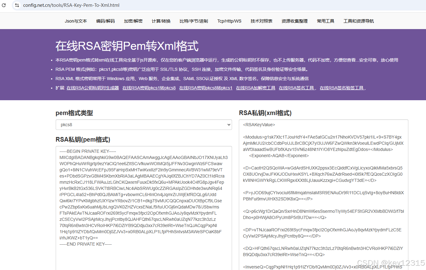在线RSA pem密钥转Xml格式--支持公钥和私钥_pem转xml-CSDN博客