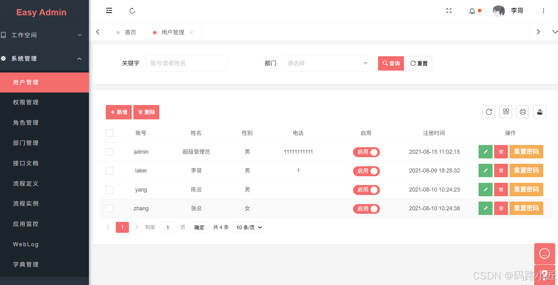 一款轻量级后台管理系统：SpringBoot2 + MybatisPlus + LayUI，支持前后端分离/一体式开发_easyadmin springboot-CSDN博客