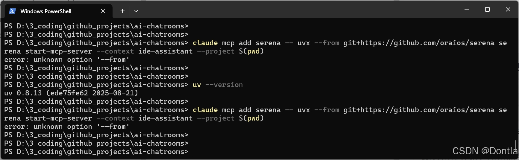 Claude Code安装Serena Mcp uvx报错：error: unknown option ‘--from‘（要用windows cmd执行，不要用powershell）_uvx ...