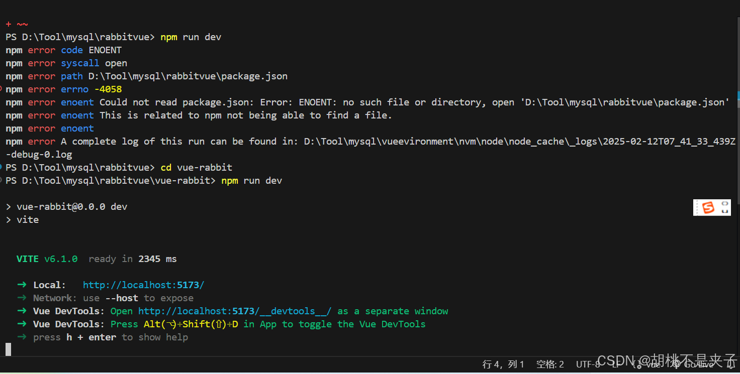 npm error code ENOENT npm error syscall open npm error path D:\Tool\mysql\rabbitvue\package.json ...