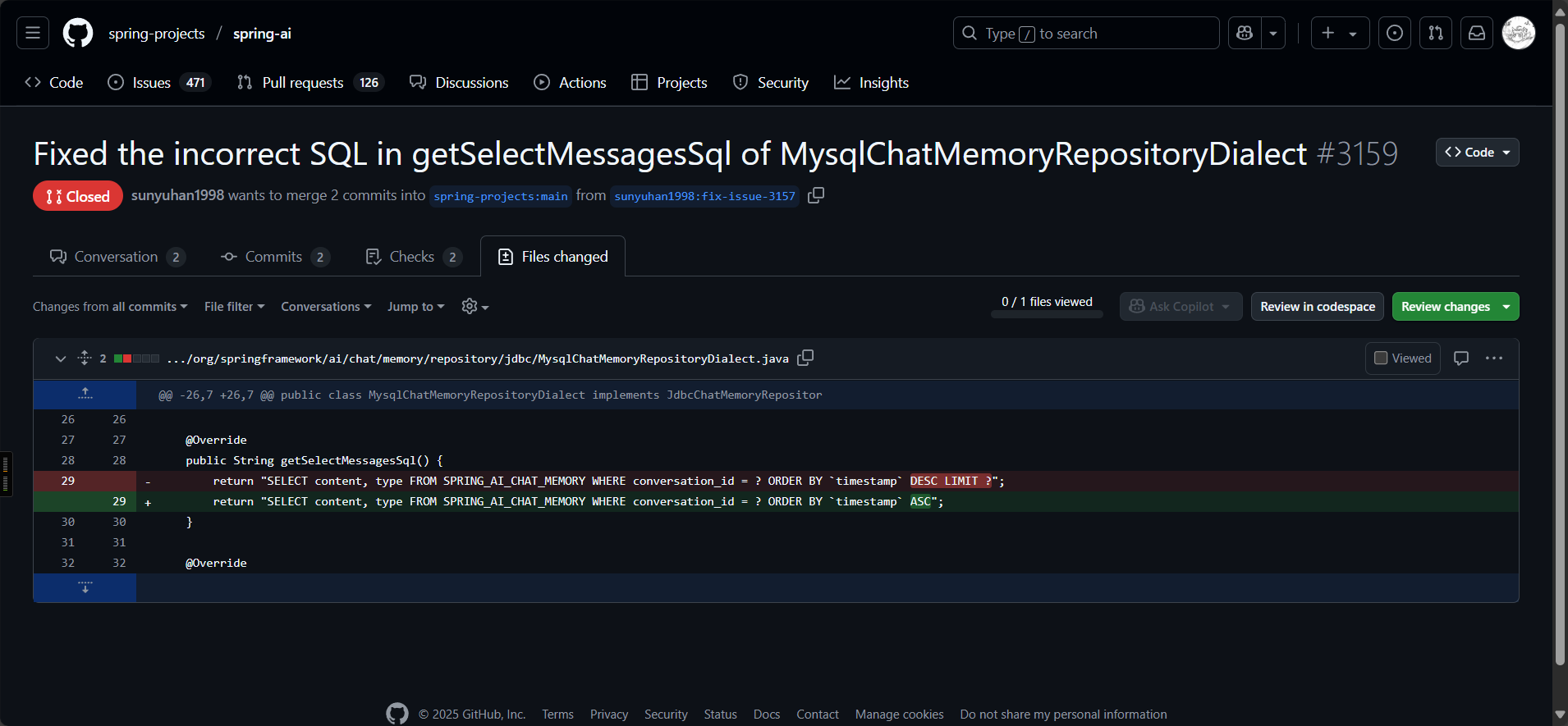 SpringAi中使用MySQL作为聊天消息持久化产生的问题_jdbcchatmemoryrepository-CSDN博客