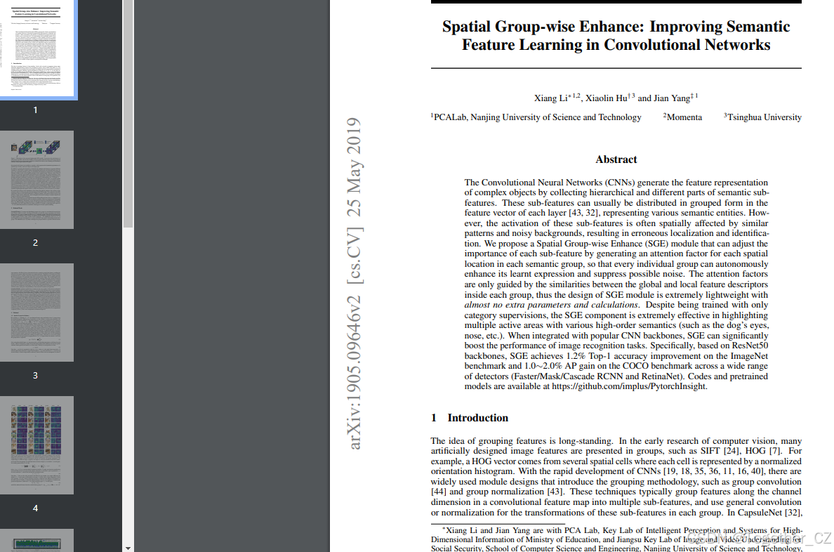 SGE: Spatial Group-wise Enhance: Improving Semantic Feature Learning in CNN——空间分组增强：提升卷积网络中的语义特征 ...