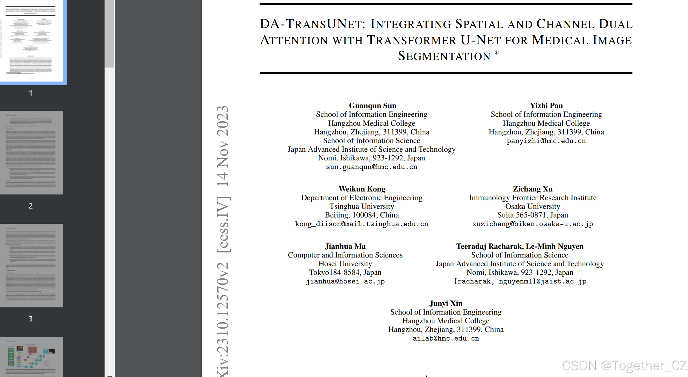 DA-TransUNet：INTEGRATING SPATIAL AND CHANNEL DUALATTENTION——将空间和通道双重注意力与Transformer U-Net结合用于医学 ...