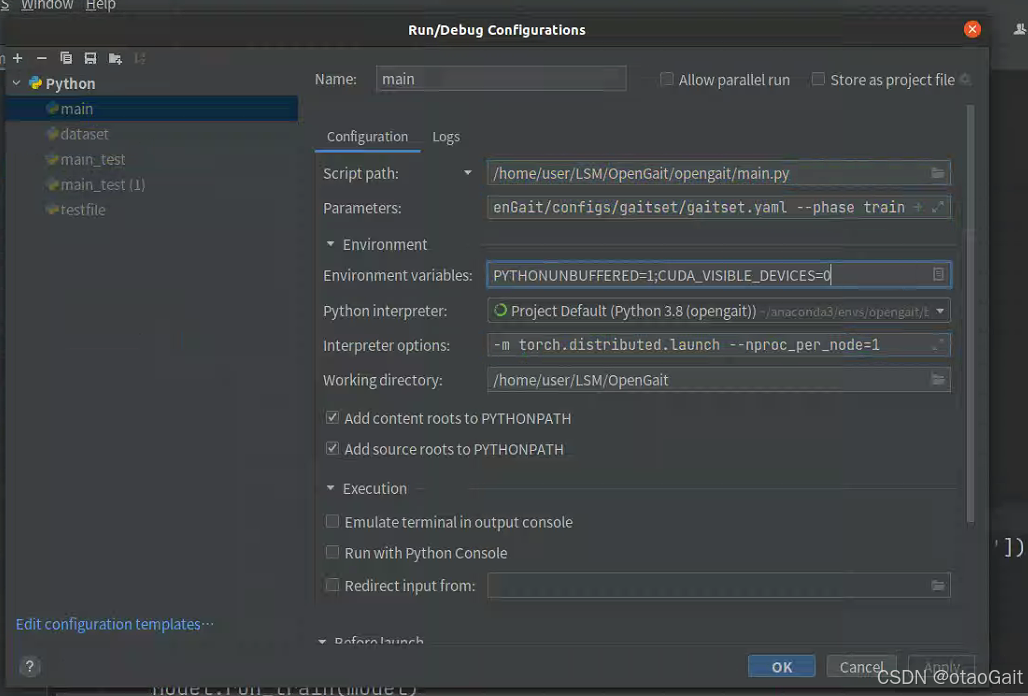 在 PyCharm 中运行 OpenGait 进行单卡训练（无需使用命令行）_opengait代码运行-CSDN博客