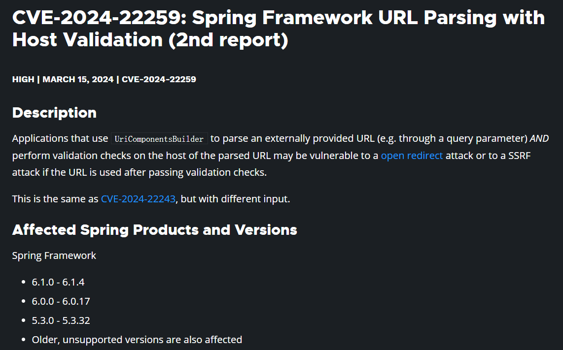 『CVE』简析CVE-2024-22243:SpringFrameworkURLParsingwithHostValidation及其绕过:CVE-2024-22259-CSDN博客