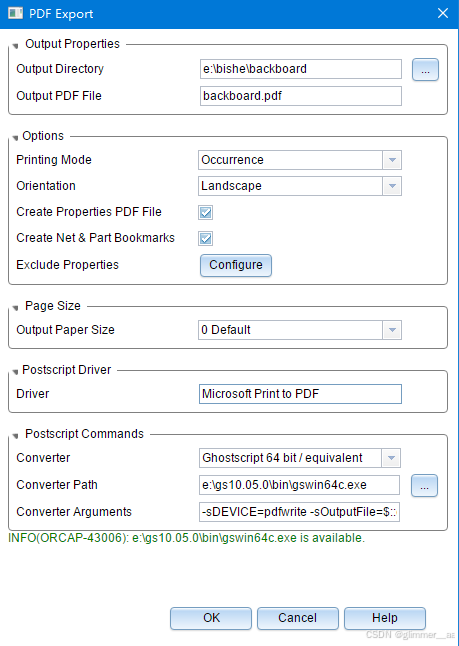Cadence输出PDF：绿色INFO仍然报错：（error orcap-1332 ）:postscript driver not found ...