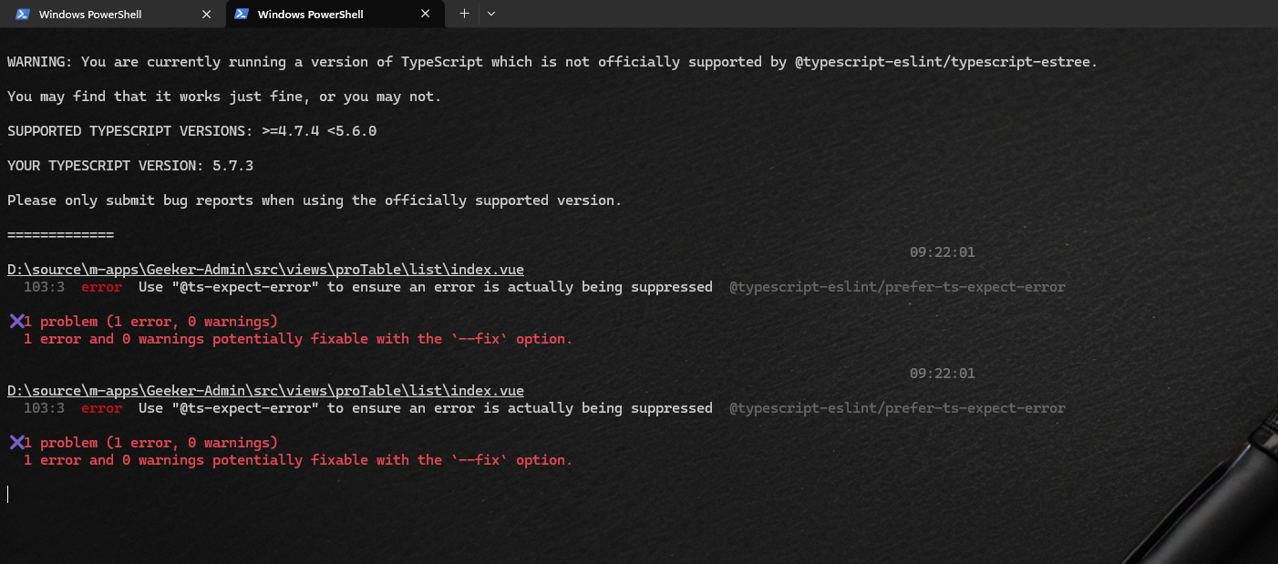 Geeker-Admin项目报错：error Use “@ts-expect-error“ to ensure an error is ...