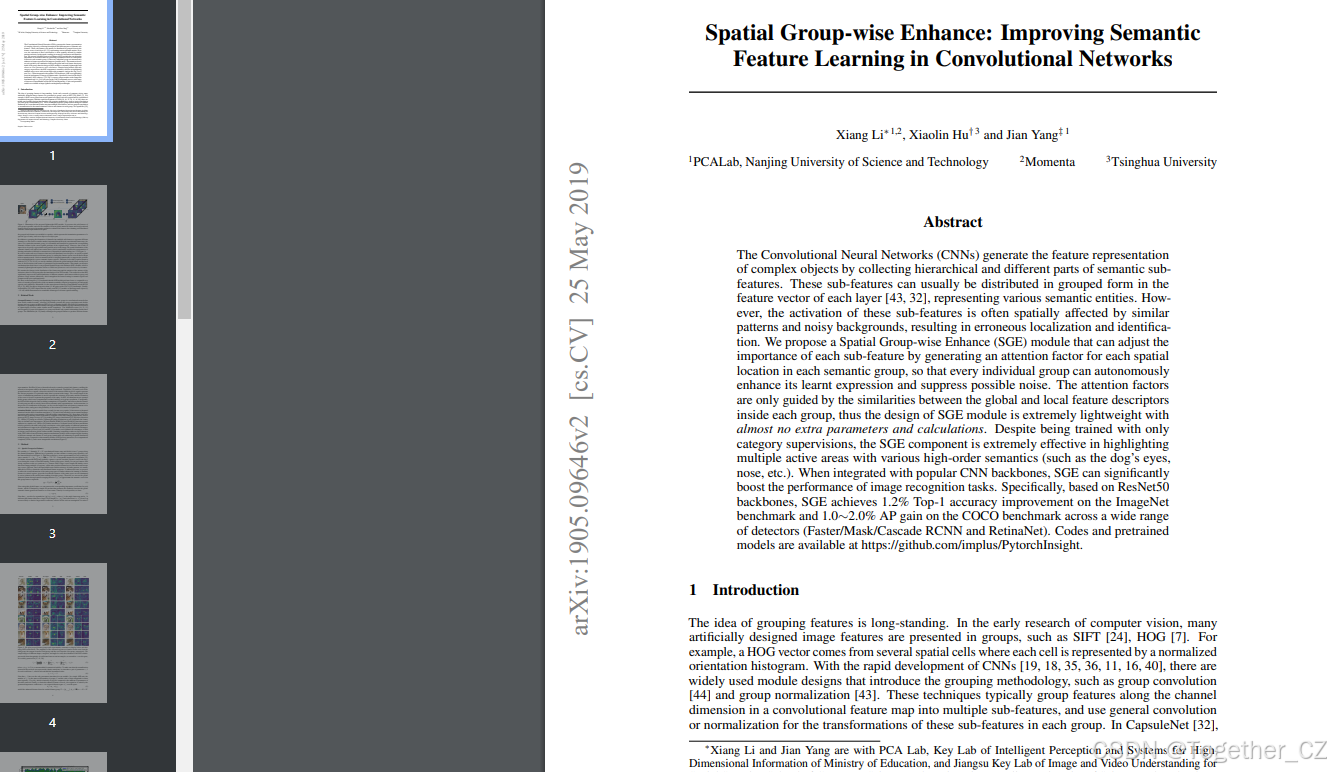 SGE：Spatial Group-wise Enhance: Improving SemanticFeature Learning in Convolutional Networks——空间 ...