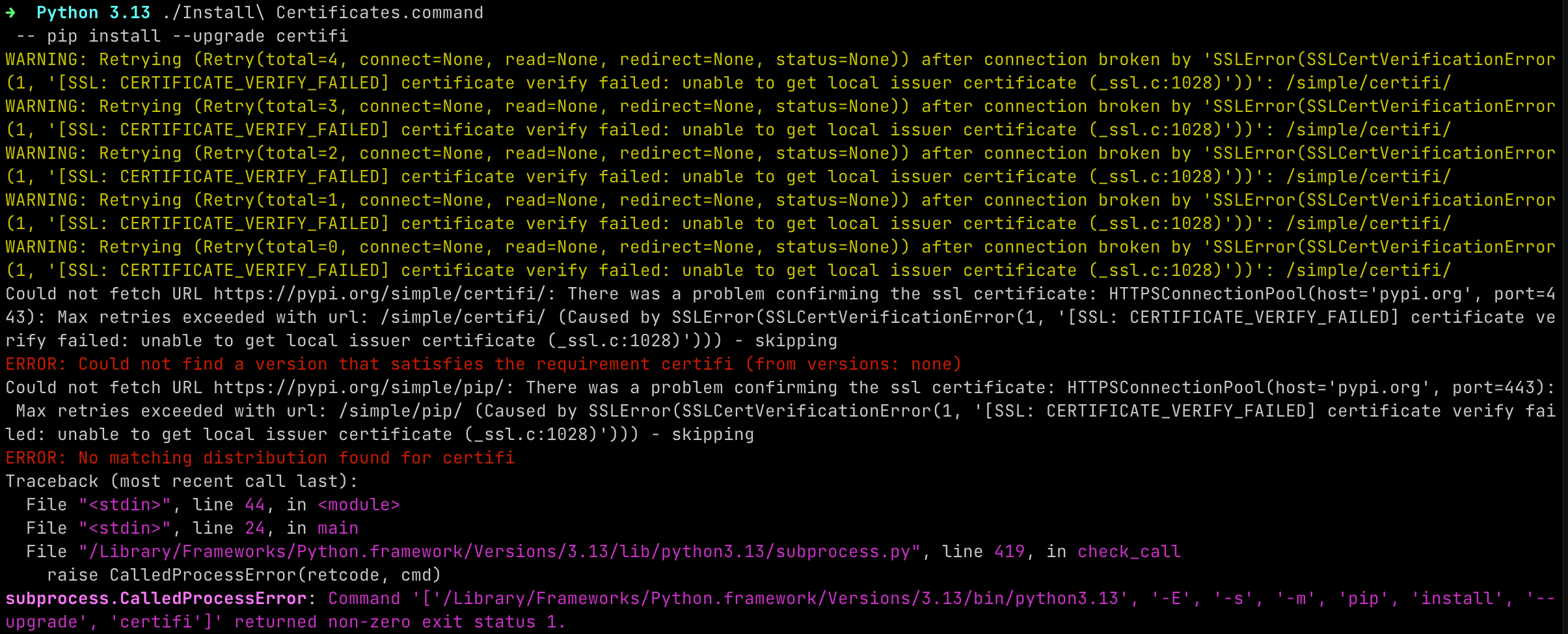 安装Python时报错 Could not find a version that satisfies the requirement certifi (from versions: none ...