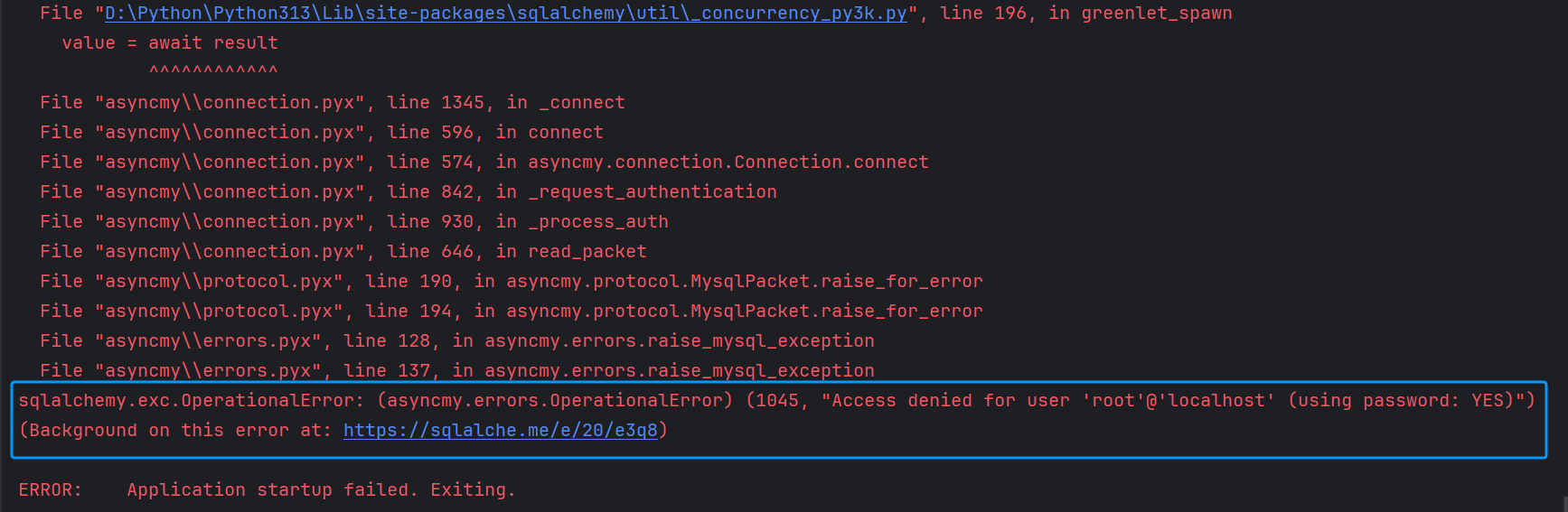 (asyncmy.errors.OperationalError) (1045, “Access denied for user ‘root‘@‘localhost‘ (using ...