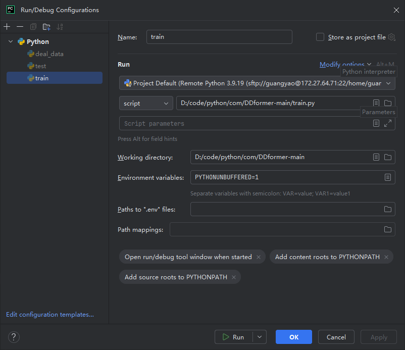 pycharm 不小心点到 Open run/debug tool window when started Add content roots to PYTHONPATH X Add ...