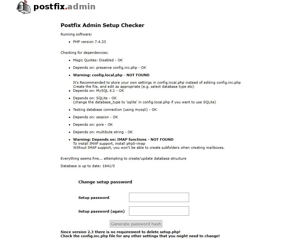 运行/postfixadmin/public/setup.php时报Warning: config.local.php - NOT FOUND及IMAP functions - NOT ...
