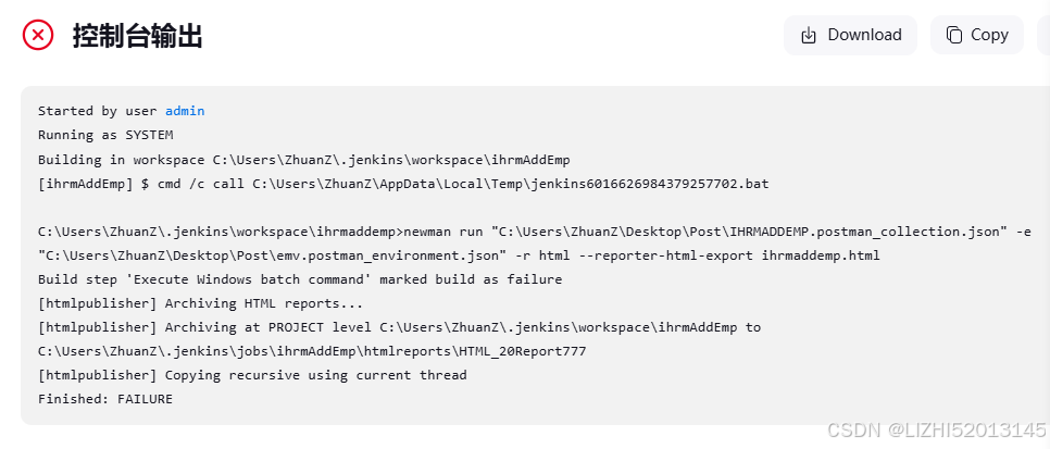 jenkins 构建 newman -run 时命令构建失败：提示Build step ‘Execute Windows batch command‘ marked build as ...