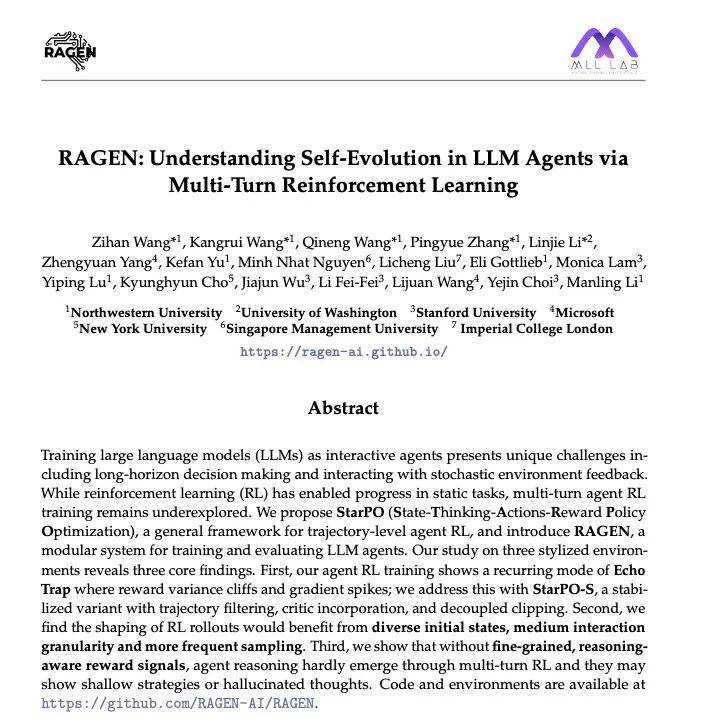 大模型论文 | RAGEN：通过多轮RL强化学习理解 LLM Agent的自我进化-CSDN博客