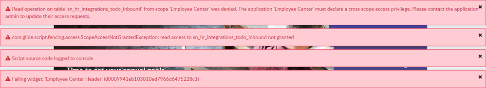 Cross Scope Access Privilege error after editing Employee Center Header ...